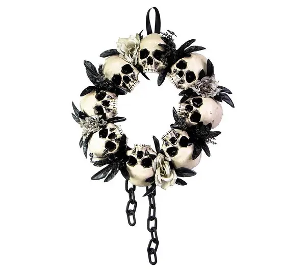 HAUNTED HILL FARM 15.7' Skulls And Chains Wreat H, Halloween - One-color