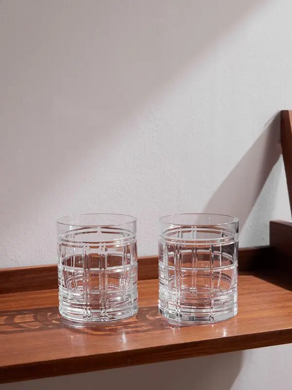 Ralph Lauren Hudson Plaid Set Of Two Double Old Fashioned Crystal Glasses - Neutrals