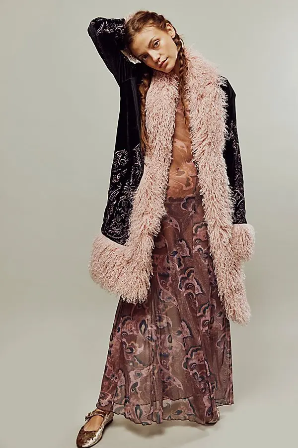 UNDERSTATED LEATHER Printed Velvet Coat With Faux Fur Trim