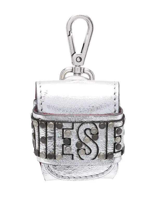 DIESEL® Leather Coin Pocket Keyring With Stud Detailing - Silver