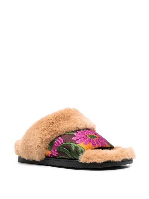 La DoubleJ Faux-fur Floral Slides - Neutrals