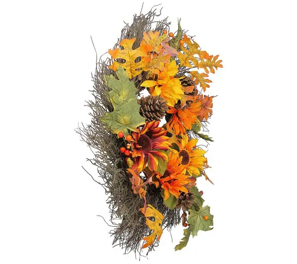 NORTHLIGHT Sunflowers & Pine Cones Thanksgiving Wreath 24