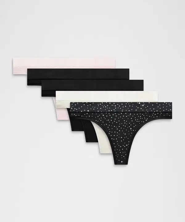 Lululemon Underease Mid-rise Thong Underwear - Black/black/pink Pearl/coconut Ivory/heart Scatter Dot Mini Coconut Ivory Black