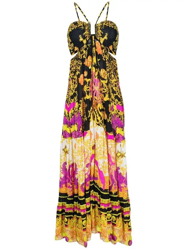 Camilla Printed Gathered Cut-out Maxi Dress
