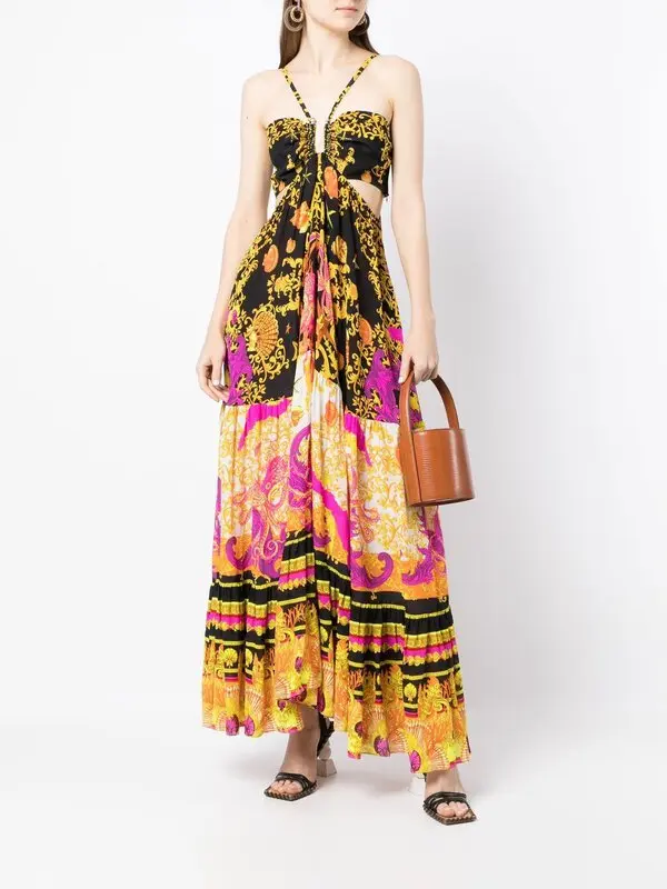 Camilla Printed Gathered Cut-out Maxi Dress