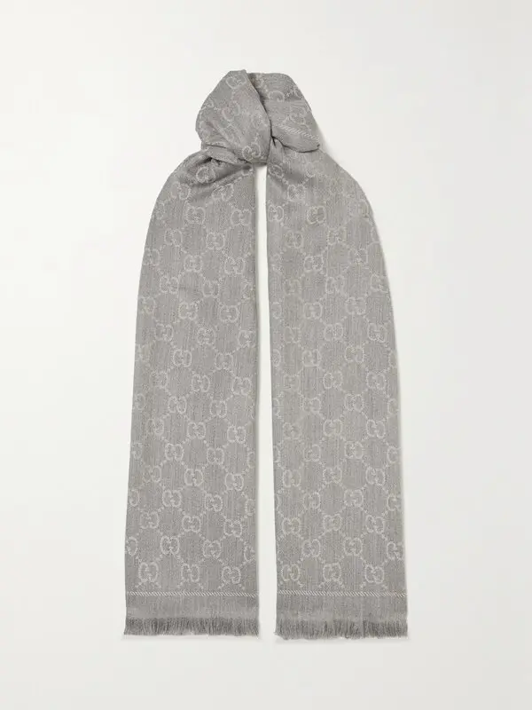 Gucci Net Sustain Sten Reversible Fringed Organic Wool-jacquard Scarf - Gray