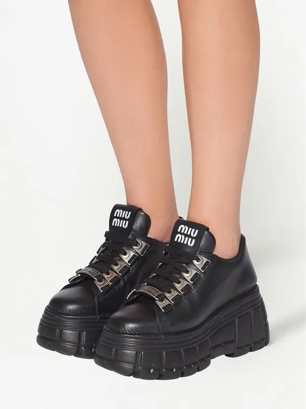 Miu Miu Lace-Up Platform Sneakers - Black | Editorialist