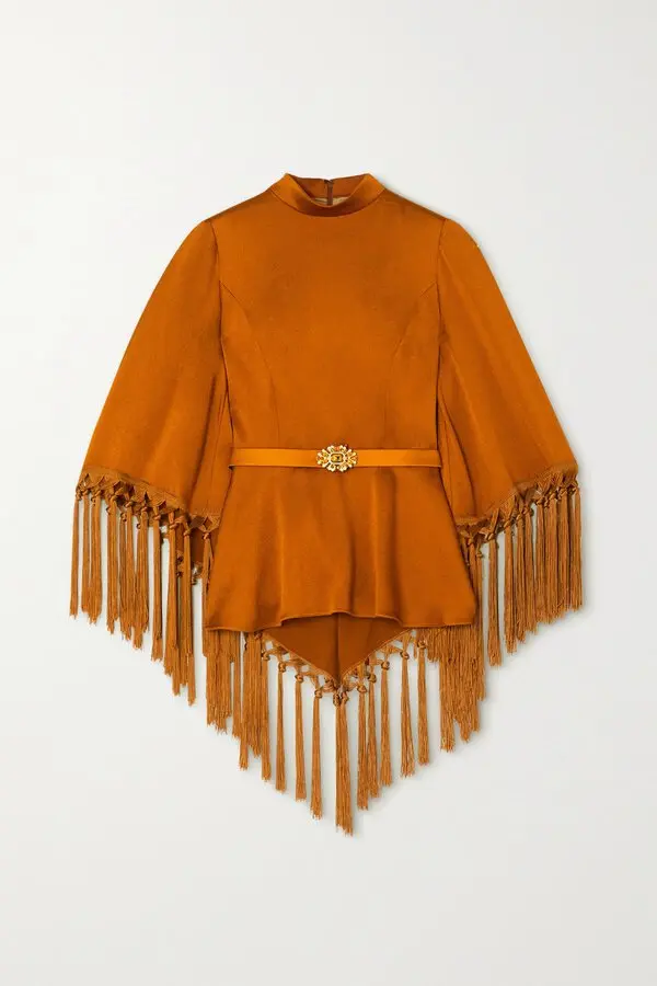 Andrew Gn Cape-effect Belted Tasseled Hammered-satin Blouse - Brown