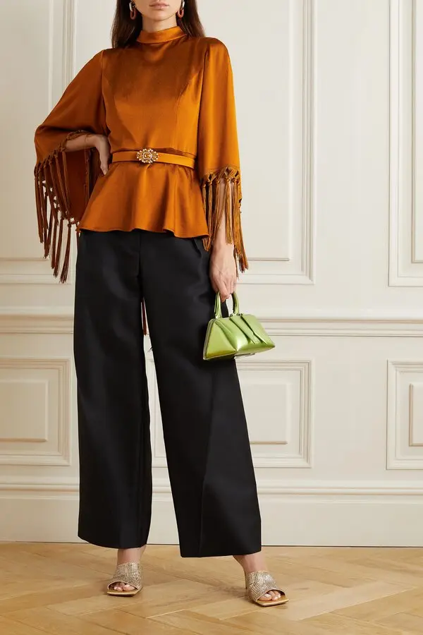 Andrew Gn Cape-effect Belted Tasseled Hammered-satin Blouse