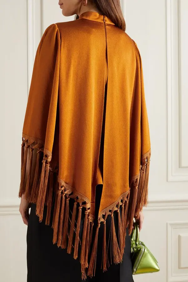 Andrew Gn Cape-effect Belted Tasseled Hammered-satin Blouse