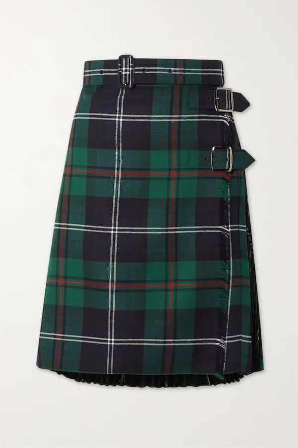 Burberry Belted Frayed Checked Wool Skirt