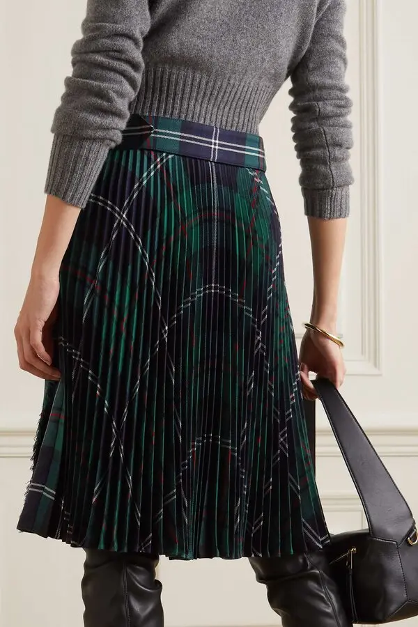 Burberry Belted Frayed Checked Wool Skirt