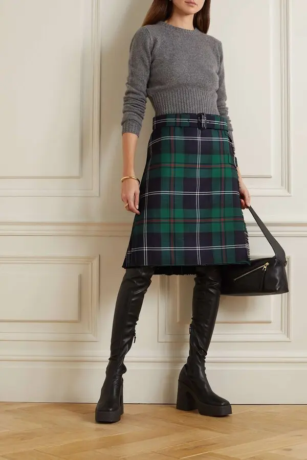 Burberry Belted Frayed Checked Wool Skirt