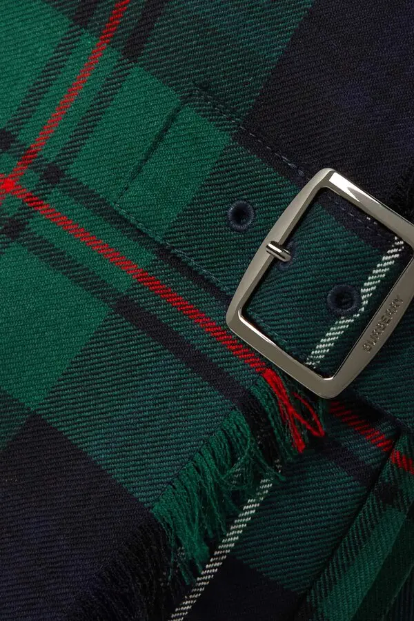Burberry Belted Frayed Checked Wool Skirt