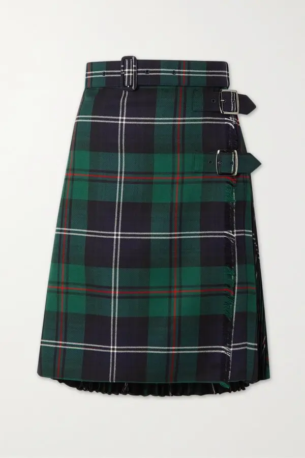 Burberry Belted Frayed Checked Wool Skirt