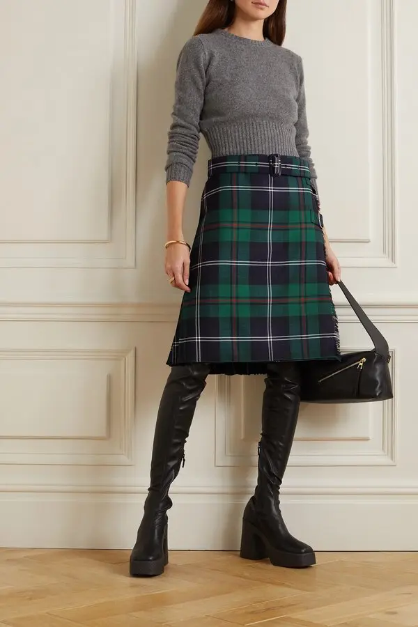 Burberry Belted Frayed Checked Wool Skirt