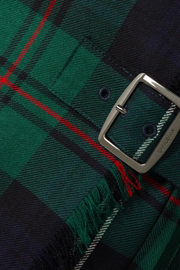 Burberry Belted Frayed Checked Wool Skirt