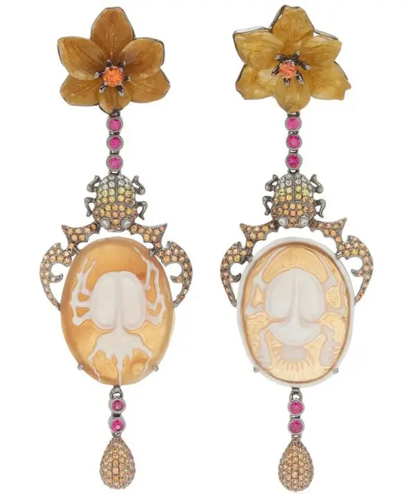 WENDY YUE Scarab Cameo 18k White Gold Multi-stone Earrings