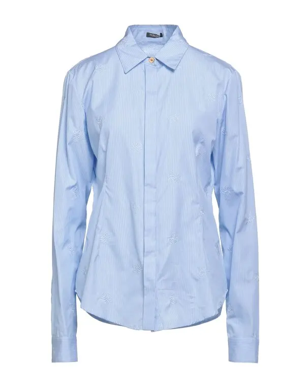 Versace Striped Embroidered Cotton Shirt - Sky Blue