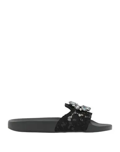 Dolce & Gabbana Viscose, Cotton, Polyamide Flat Sandals With Crystal Embellishments - Black