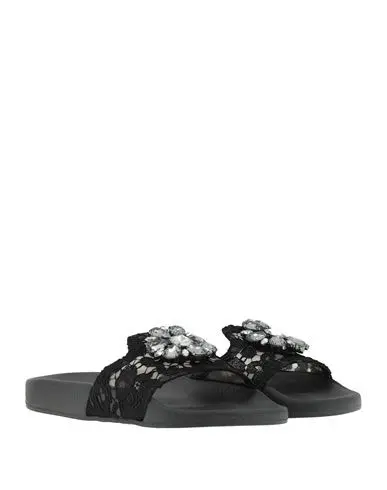 Dolce & Gabbana Viscose, Cotton, Polyamide Flat Sandals With Crystal Embellishments - Black