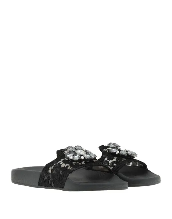 Dolce & Gabbana Viscose, Cotton, Polyamide Flat Sandals With Crystal Embellishments - Black