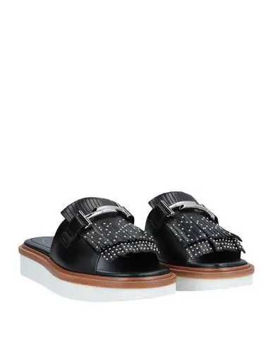 TOD'S Leather Slide Sandals With Studs And Fringes - Black
