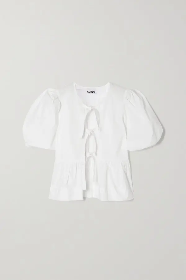 GANNI Tie-front Organic Cotton Peplum Blouse