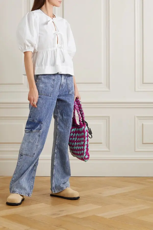 GANNI Tie-front Organic Cotton Peplum Blouse