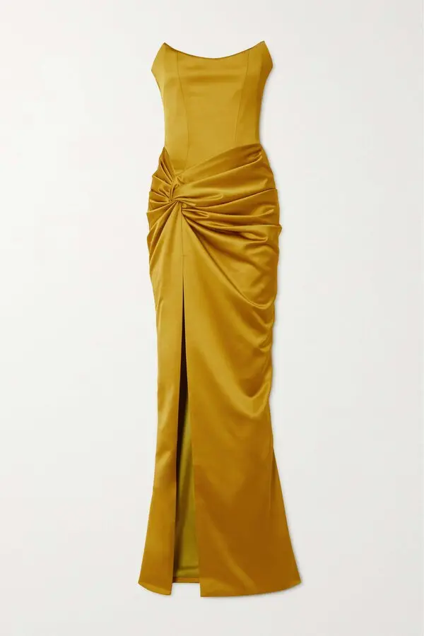 RASARIO Strapless Draped Satin Gown