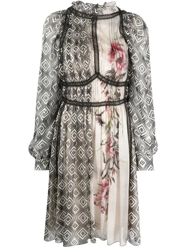 Alberta Ferretti Geometric And Floral Print Long Sleeve Dress