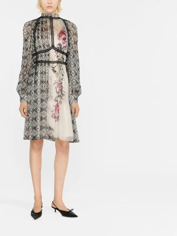 Alberta Ferretti Geometric And Floral Print Long Sleeve Dress