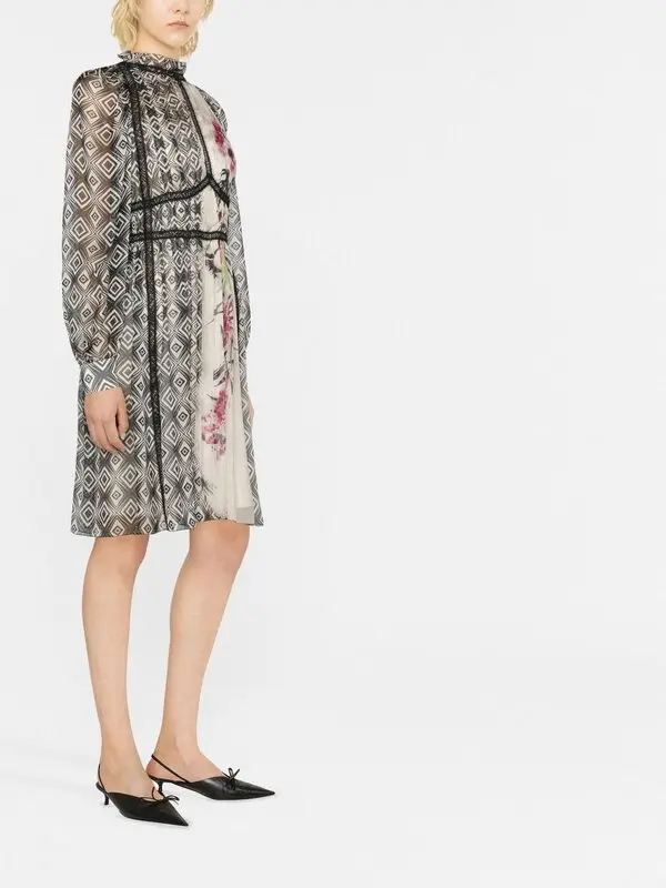Alberta Ferretti Geometric And Floral Print Long Sleeve Dress