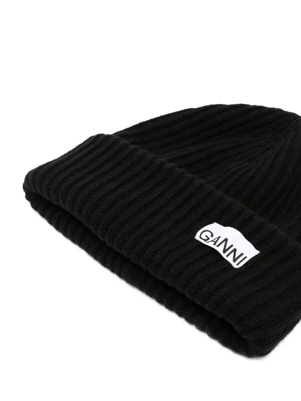 GANNI Logo-patch Ribbed-knit Beanie