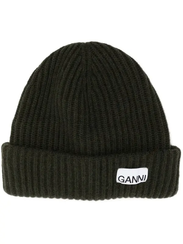 GANNI Logo-patch Ribbed-knit Beanie - Green