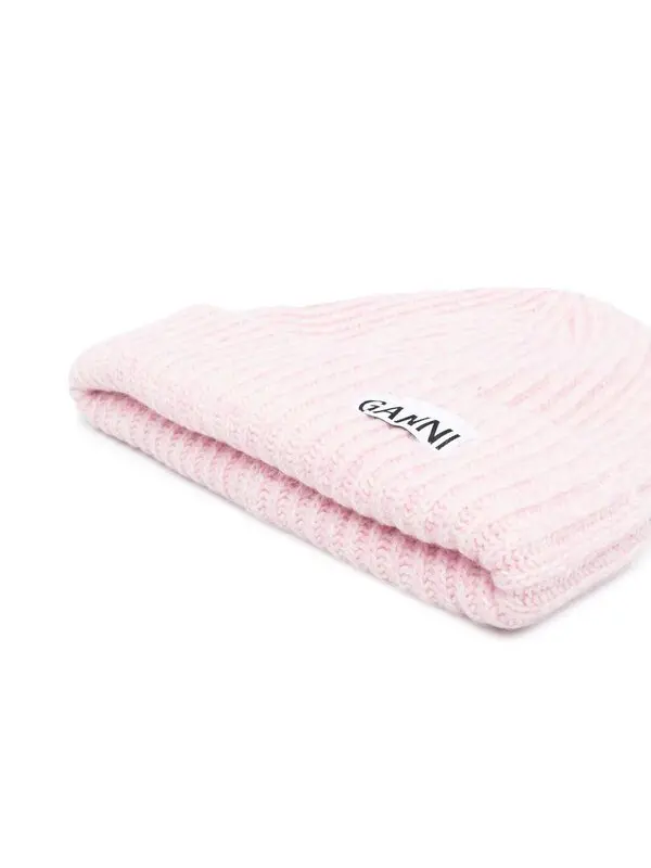 GANNI Logo-patch Ribbed-knit Beanie
