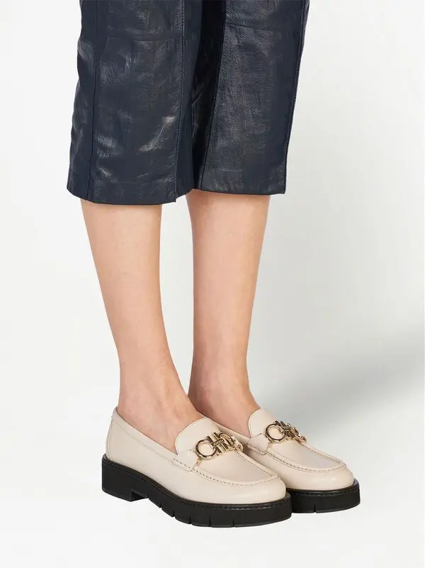 FERRAGAMO Gancini Plaque Leather Loafers - Neutrals