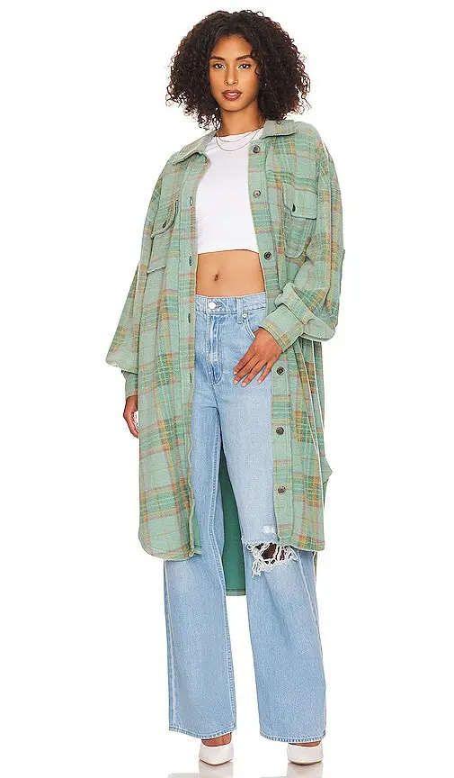 Free People Plaid Long Ruby Jacket In Sage