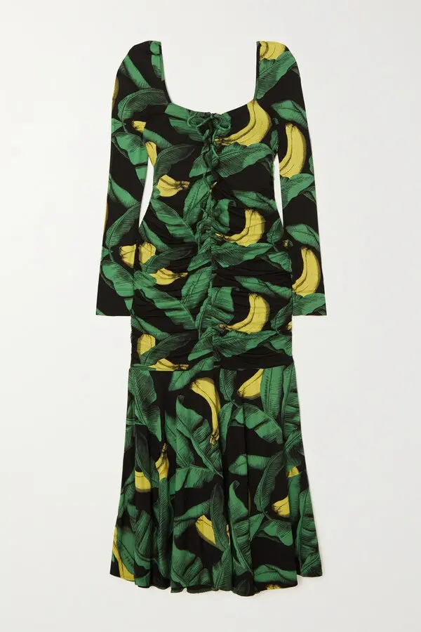 Ganni Ruched Printed Stretch-Jersey Midi Dress In Black - 70% Off |  Editorialist