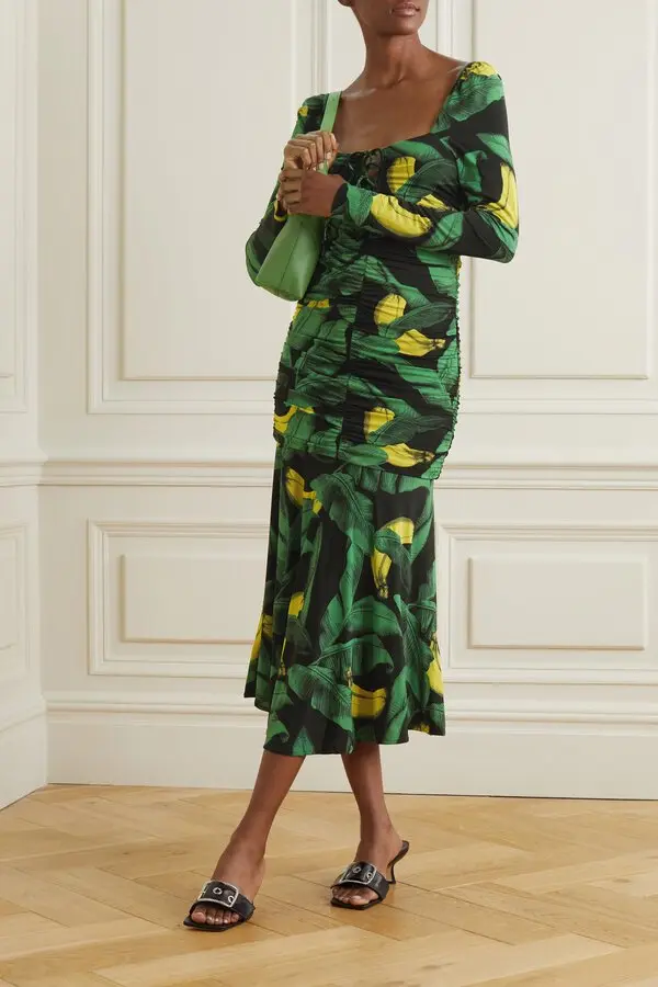 Ganni Ruched Printed Stretch-Jersey Midi Dress In Black - 70% Off |  Editorialist