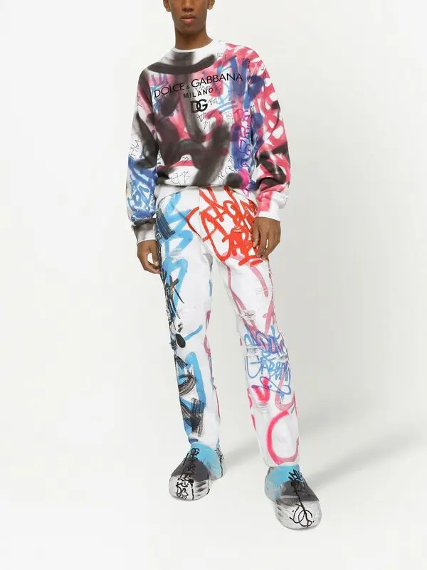 Dolce & Gabbana Graffiti-print Straight Leg Jeans - Blue