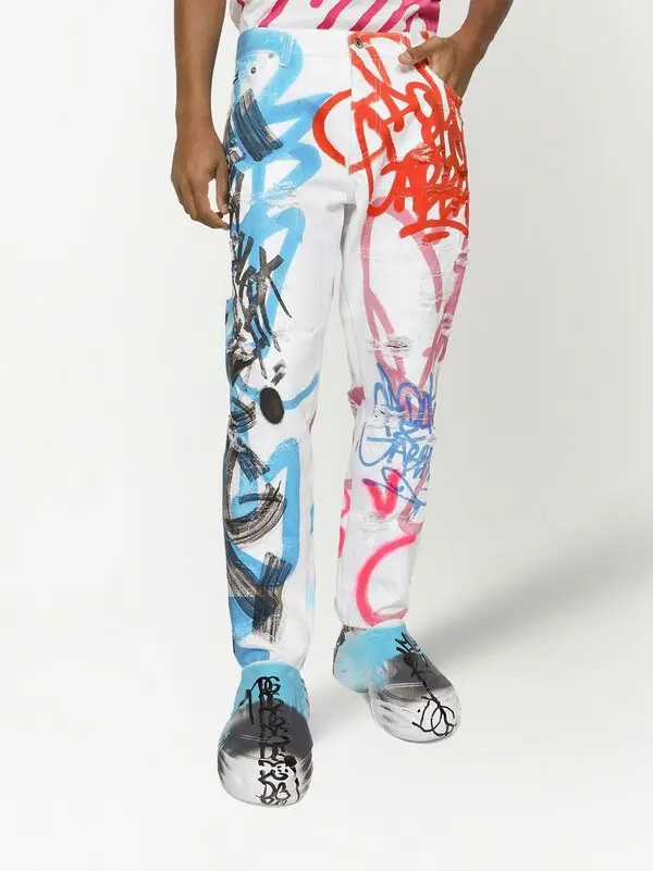 Dolce & Gabbana Graffiti-print Straight Leg Jeans - Blue