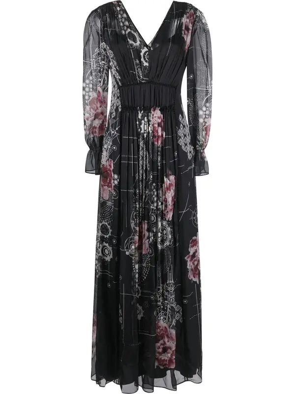 Alberta Ferretti Floral Print V-neck Maxi Dress - Black