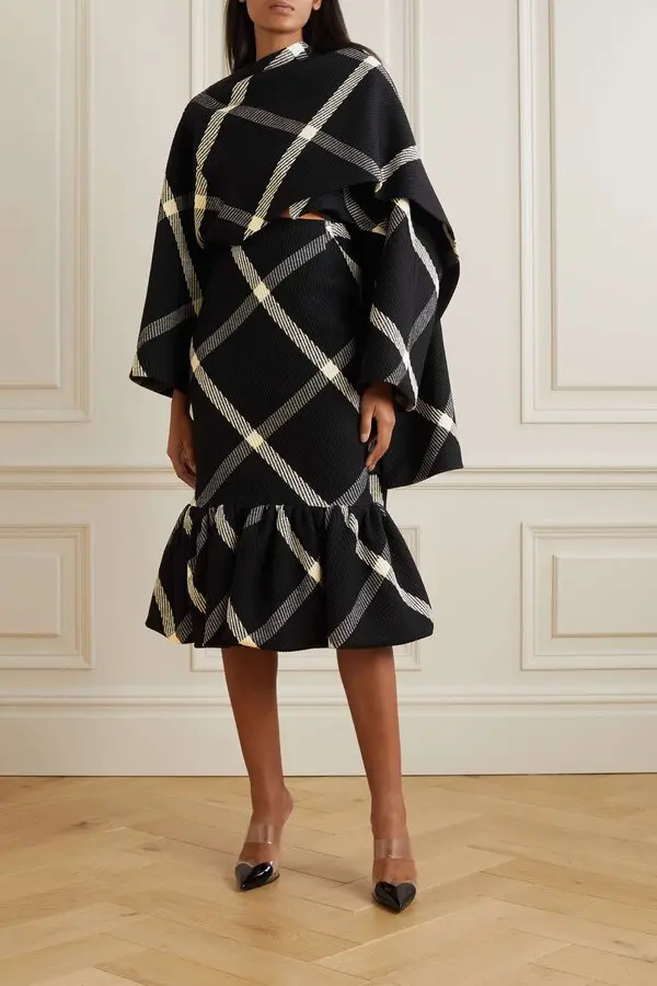 Alaïa Fluted Checked Wool Midi Skirt