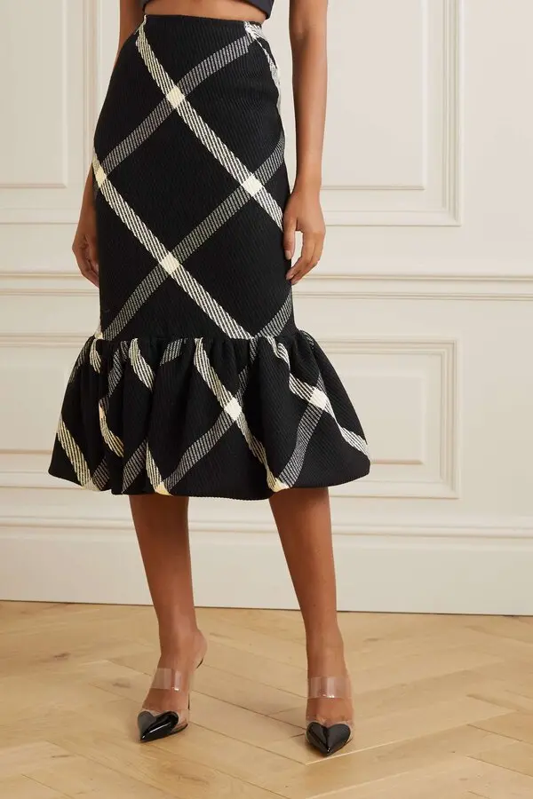 Alaïa Fluted Checked Wool Midi Skirt