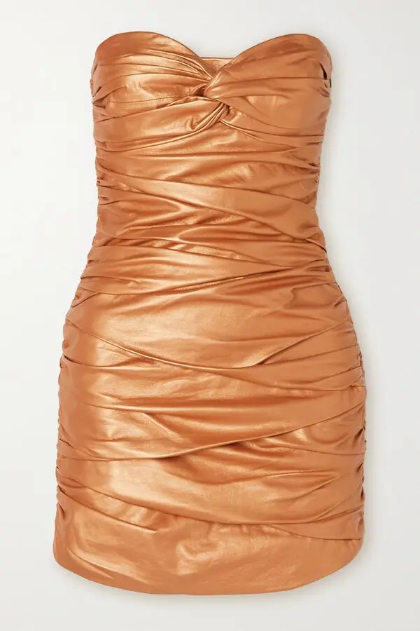 Zeynep Arçay Strapless Ruched Leather Mini Dress