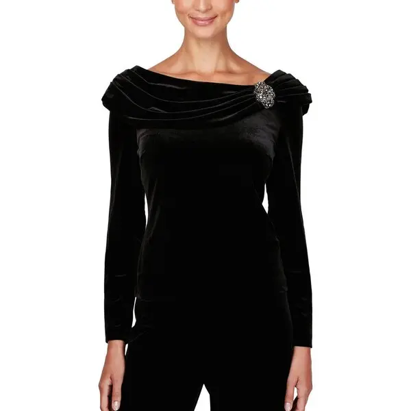 Alex Evenings Ruched Neck Velvet Top - Black