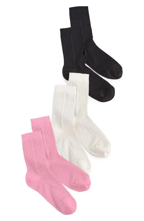 STEMS Assorted 3-pack Silky Rib Crew Socks - Ivory/black/pink