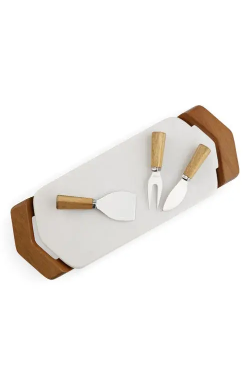 NAMBE Chevron Cheese Board With Three Serving Pieces - Brown