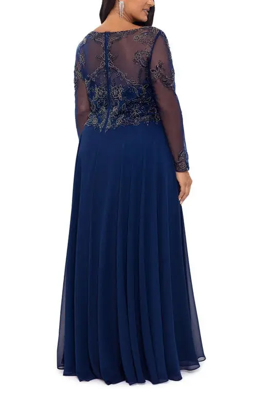 XSCAPE EVENINGS Long Sleeve Beaded Chiffon Gown